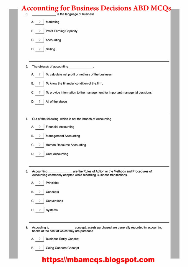 Accounting for Business Decisions MCQs | Accounting MCQs | PDF