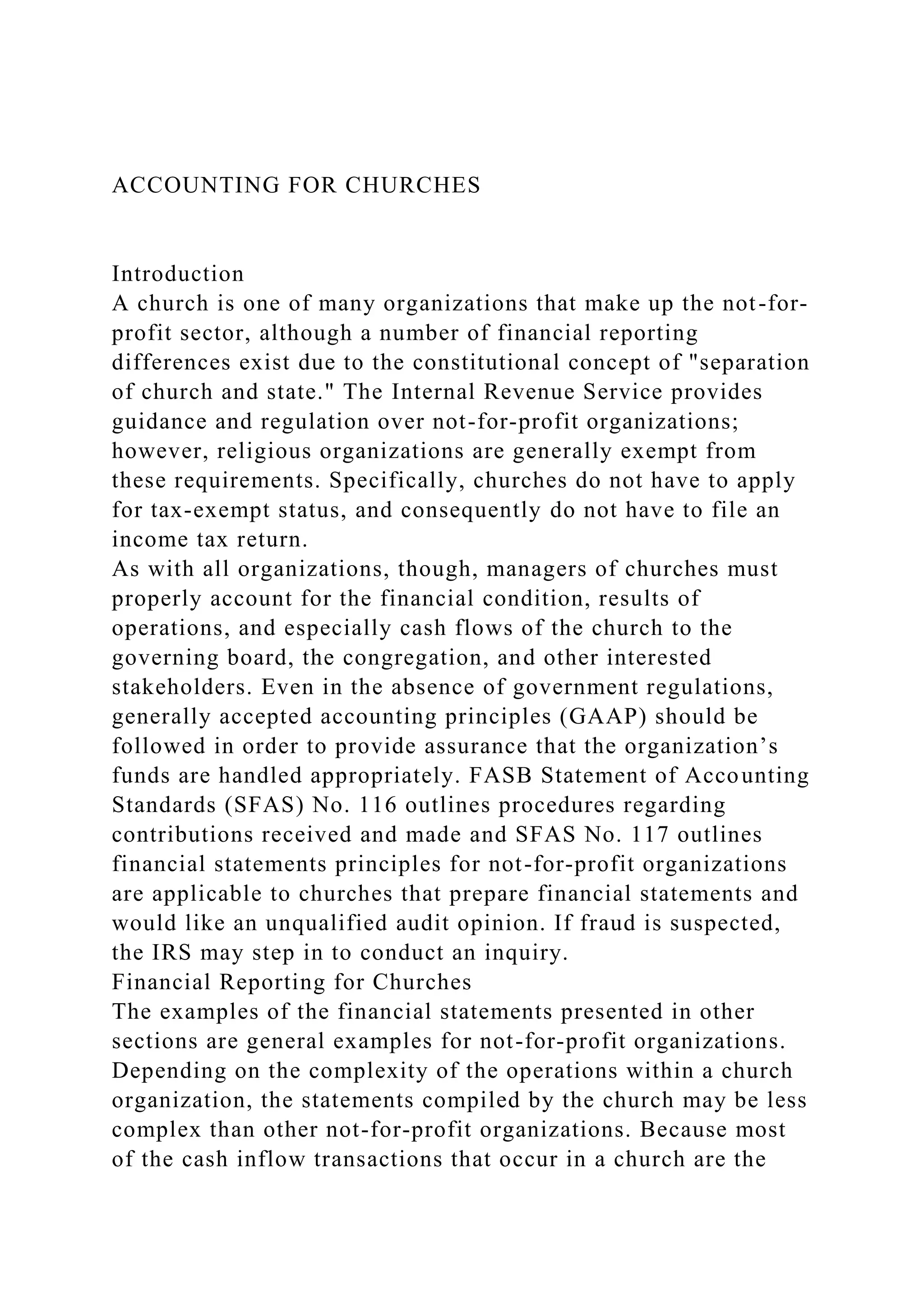 ACCOUNTING FOR CHURCHESIntroductionA church is one of many.docx