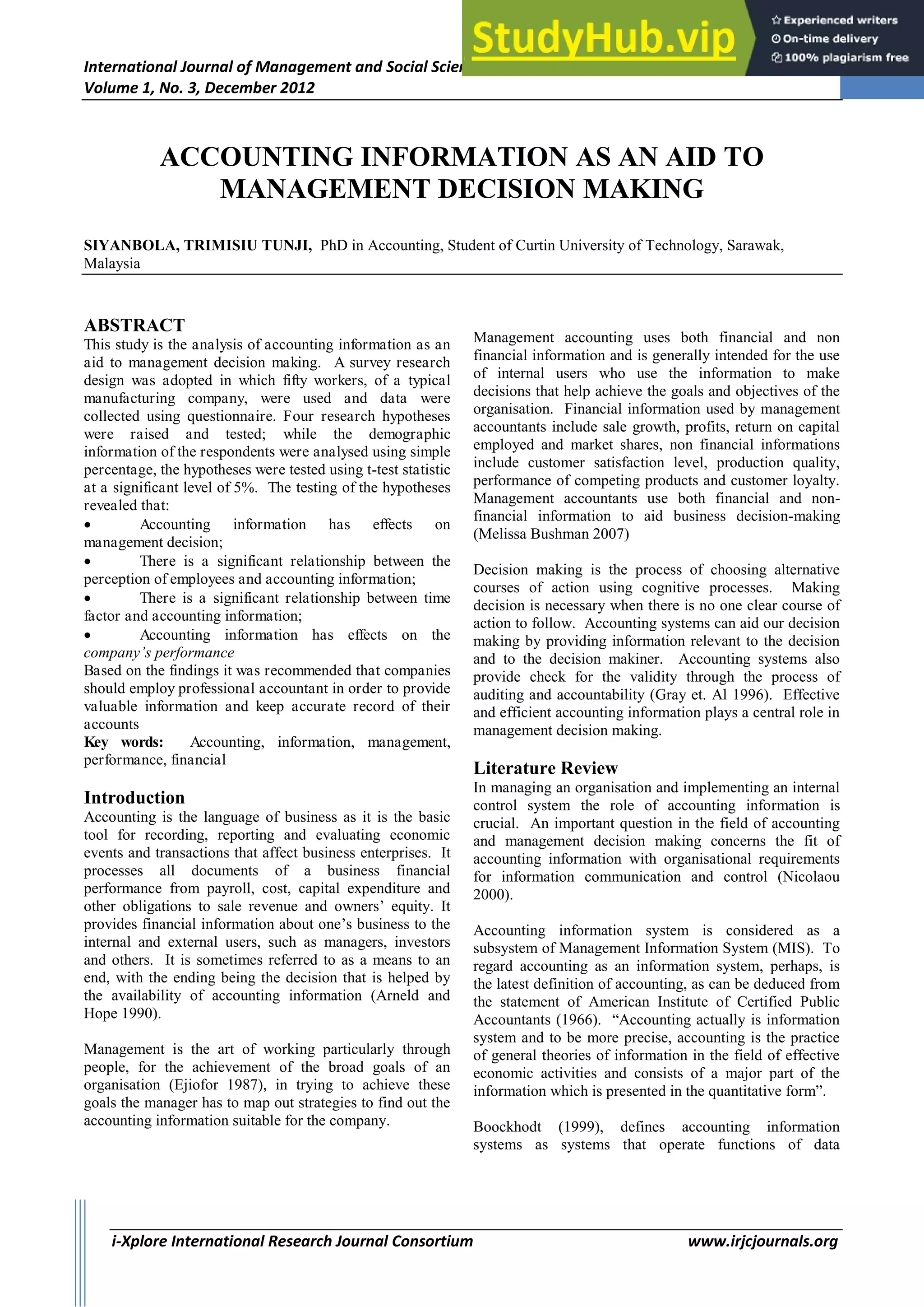 ACCOUNTING INFORMATION AS AN AID TO MANAGEMENT DECISION MAKING | PDF