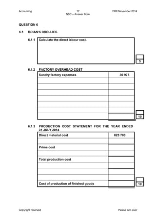 Accounting Grade 12 (past paper 2014) Answer book | PDF
