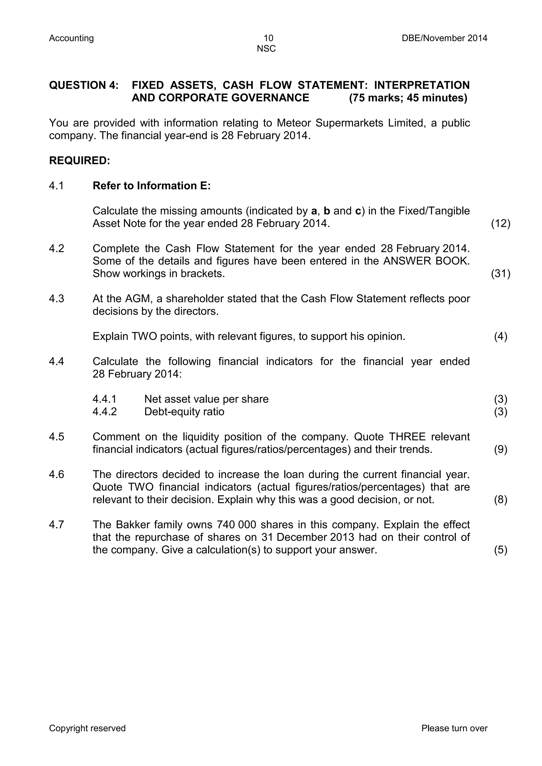Accounting Grade 12 (past paper 2014) Question Paper | PDF