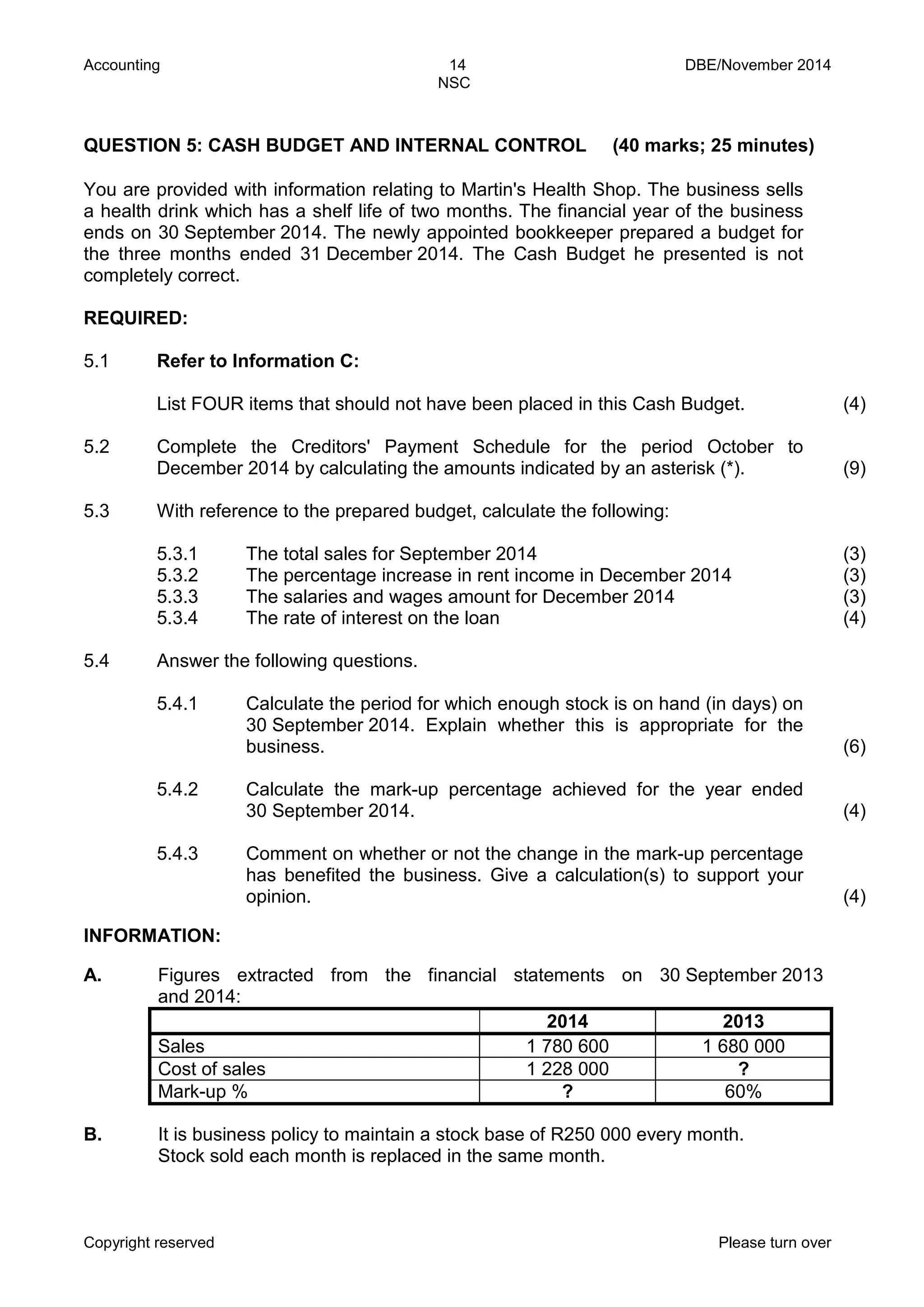 Accounting Grade 12 (past paper 2014) Question Paper | PDF