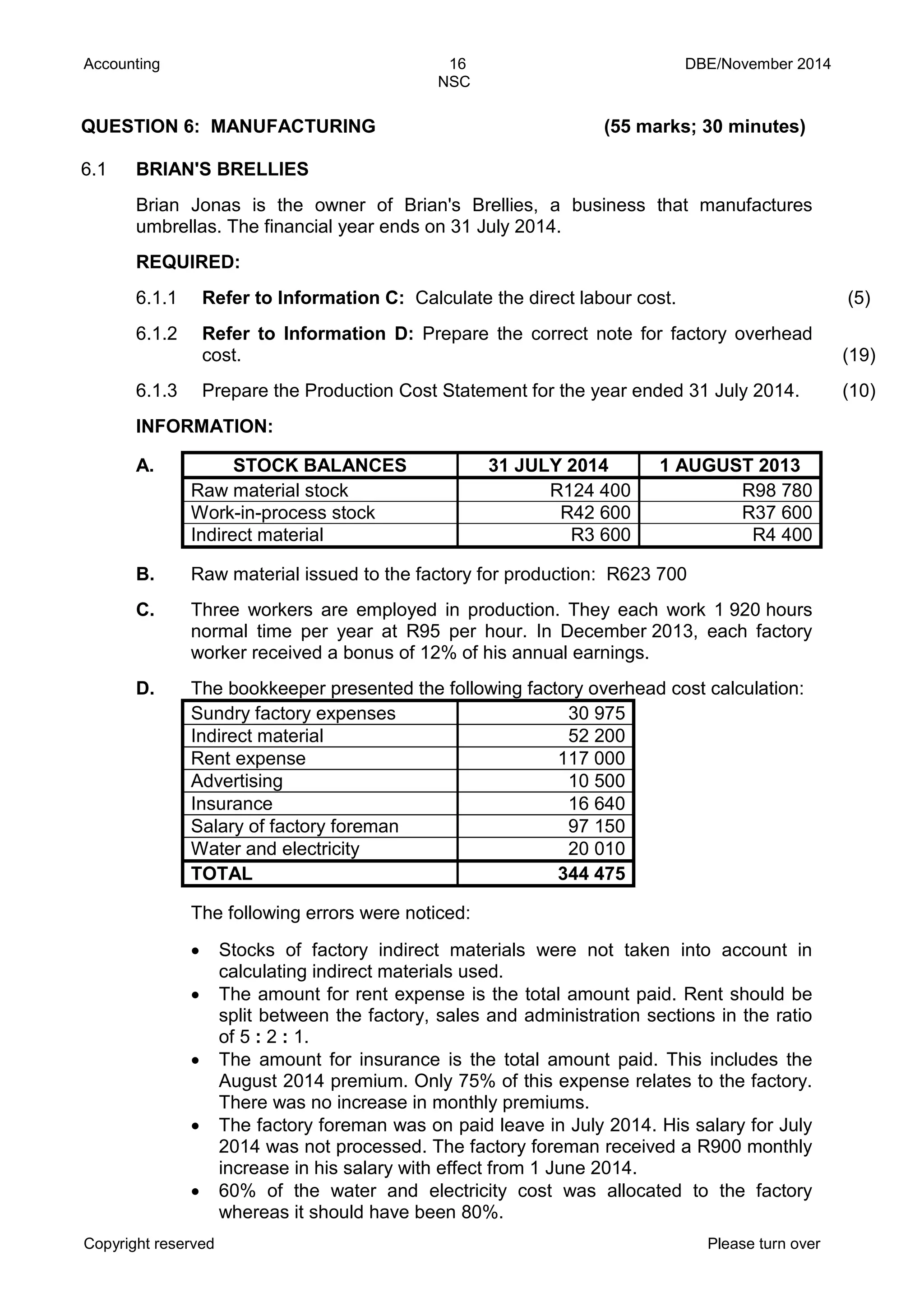 Accounting Grade 12 (past paper 2014) Question Paper | PDF