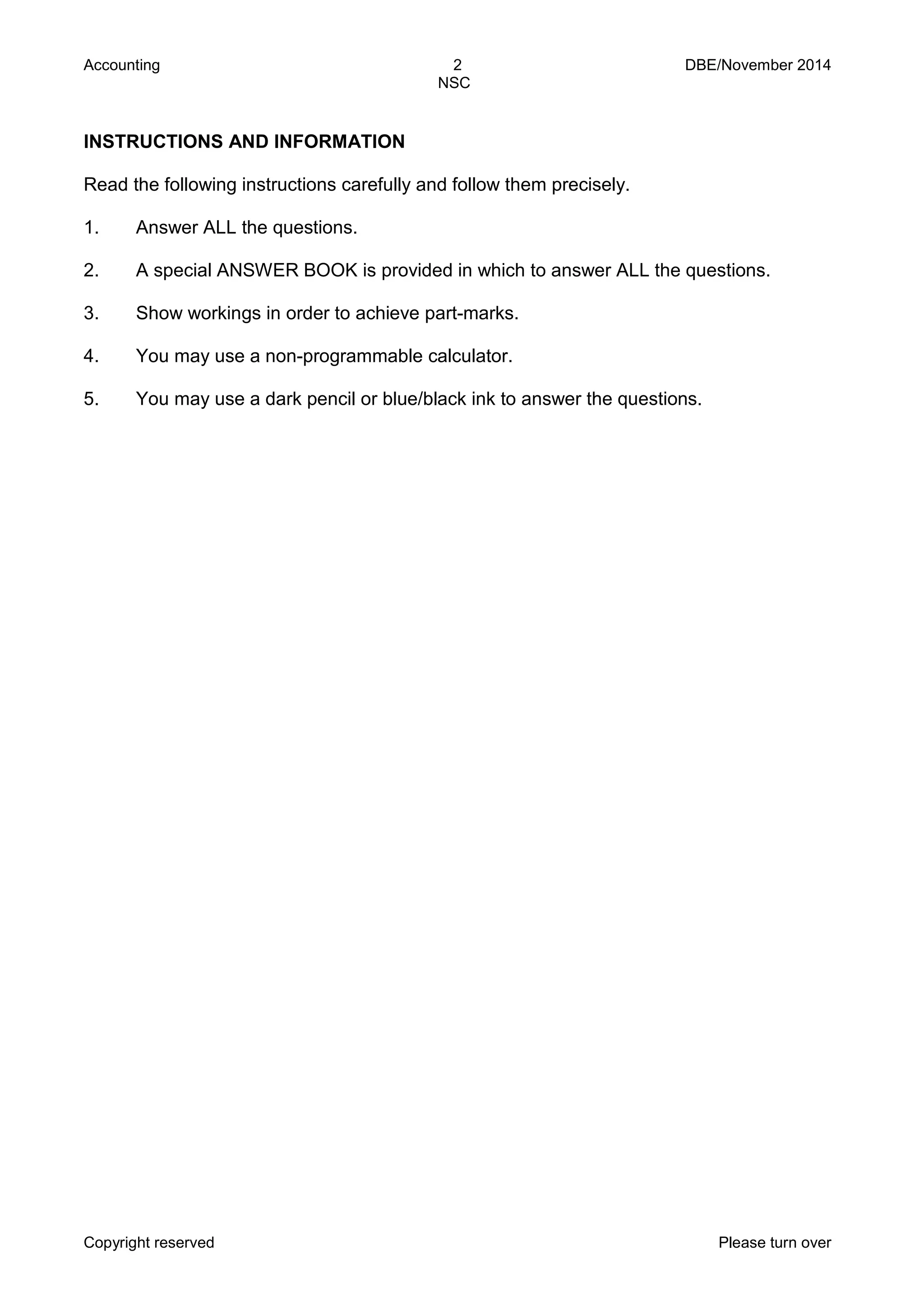 Accounting Grade 12 (past paper 2014) Question Paper | PDF
