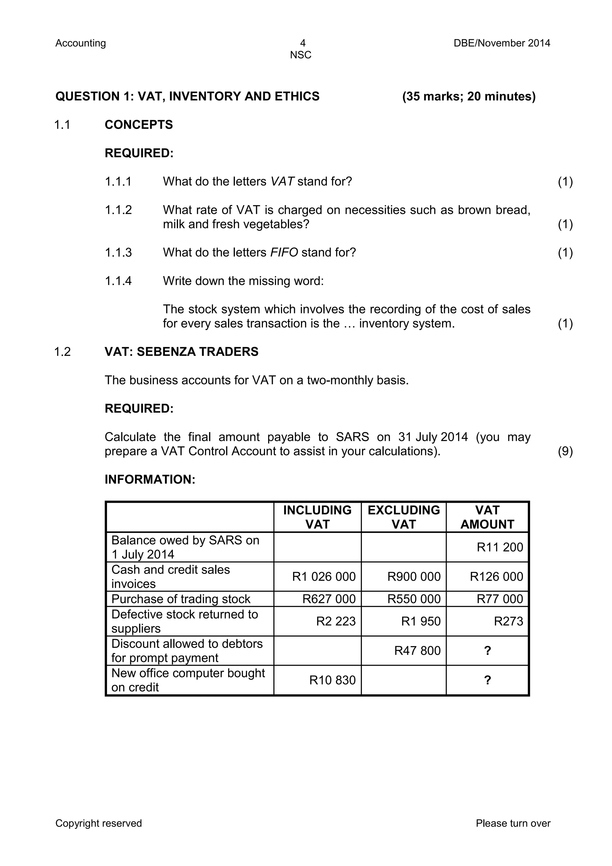 Accounting Grade 12 (past paper 2014) Question Paper | PDF