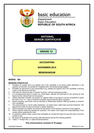 Accounting Grade 12 (past paper 2014) Memorandum | PDF