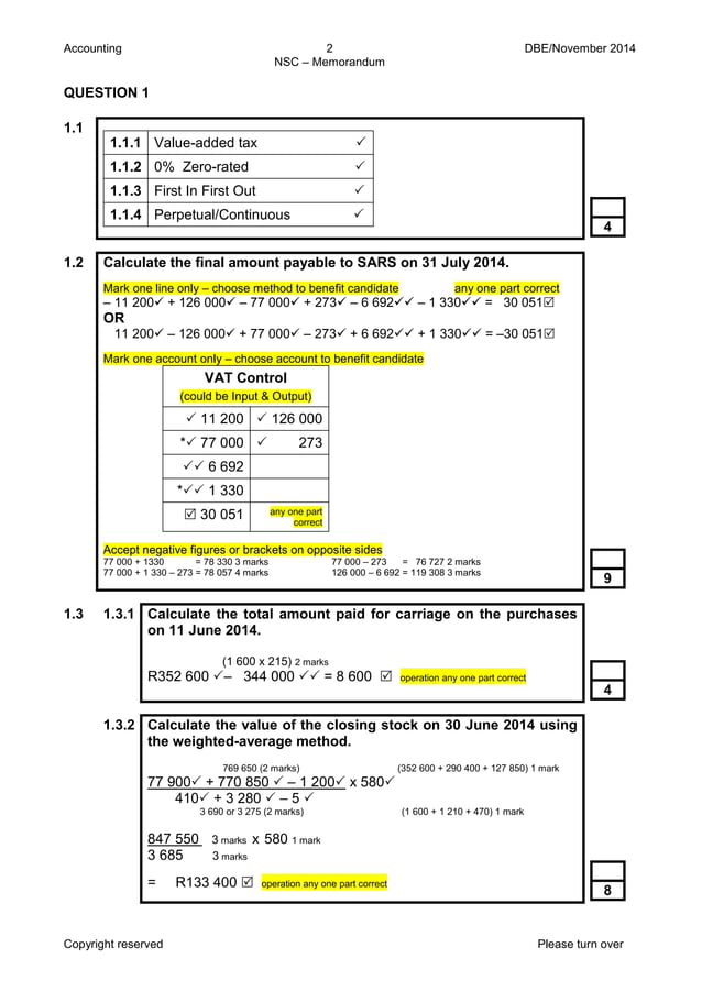 Accounting Grade 12 (past paper 2014) Memorandum | PDF
