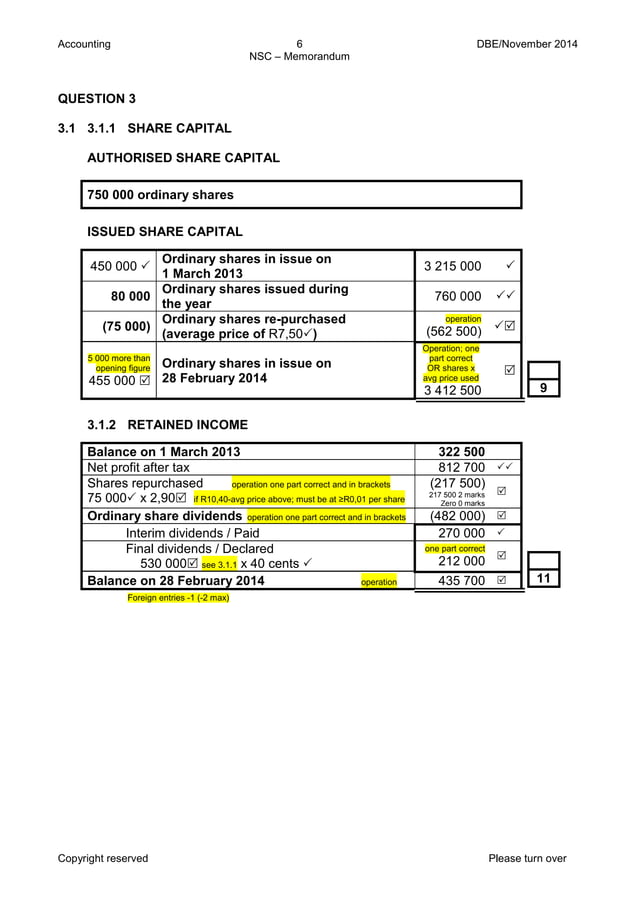 Accounting Grade 12 (past paper 2014) Memorandum | PDF