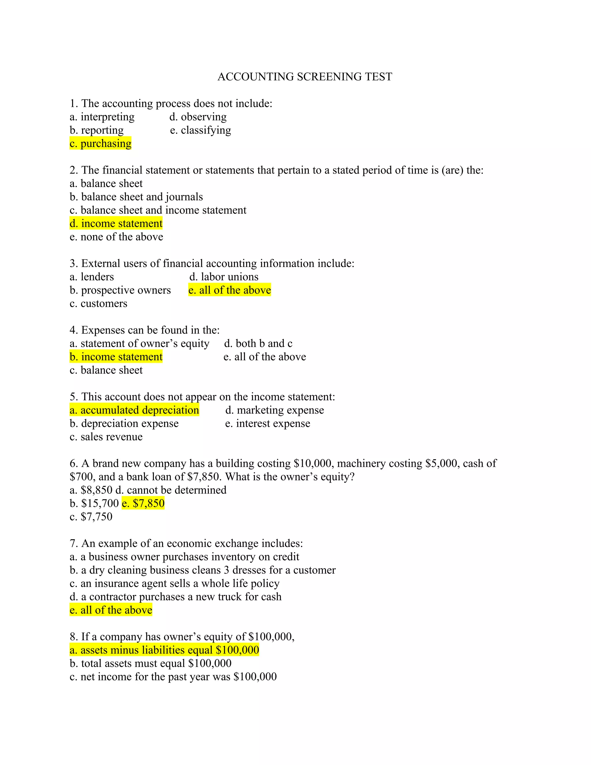 Accounting screening test | PDF
