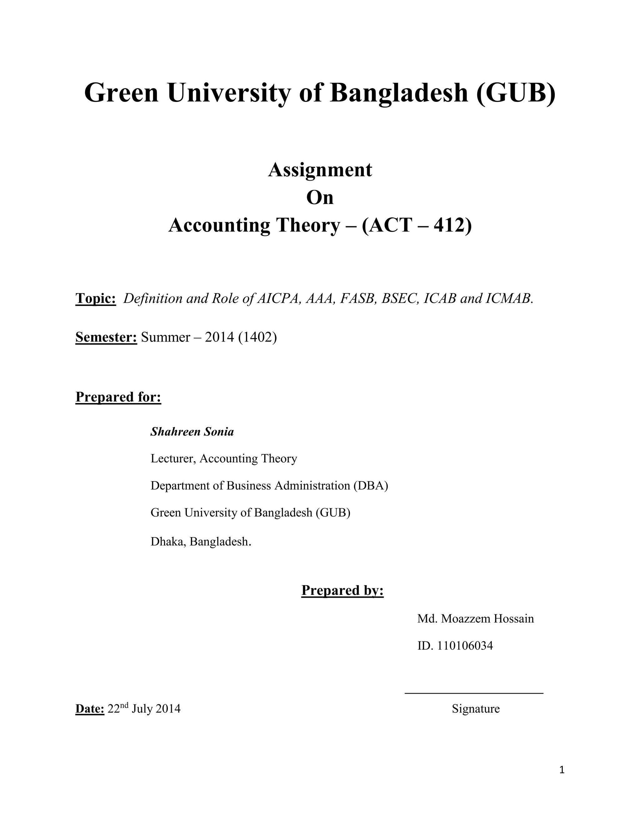 Definition and Role of AICPA, AAA, FASB, BSEC, ICAB and ICMAB. - Accounting Theory (ACT - 412 ...