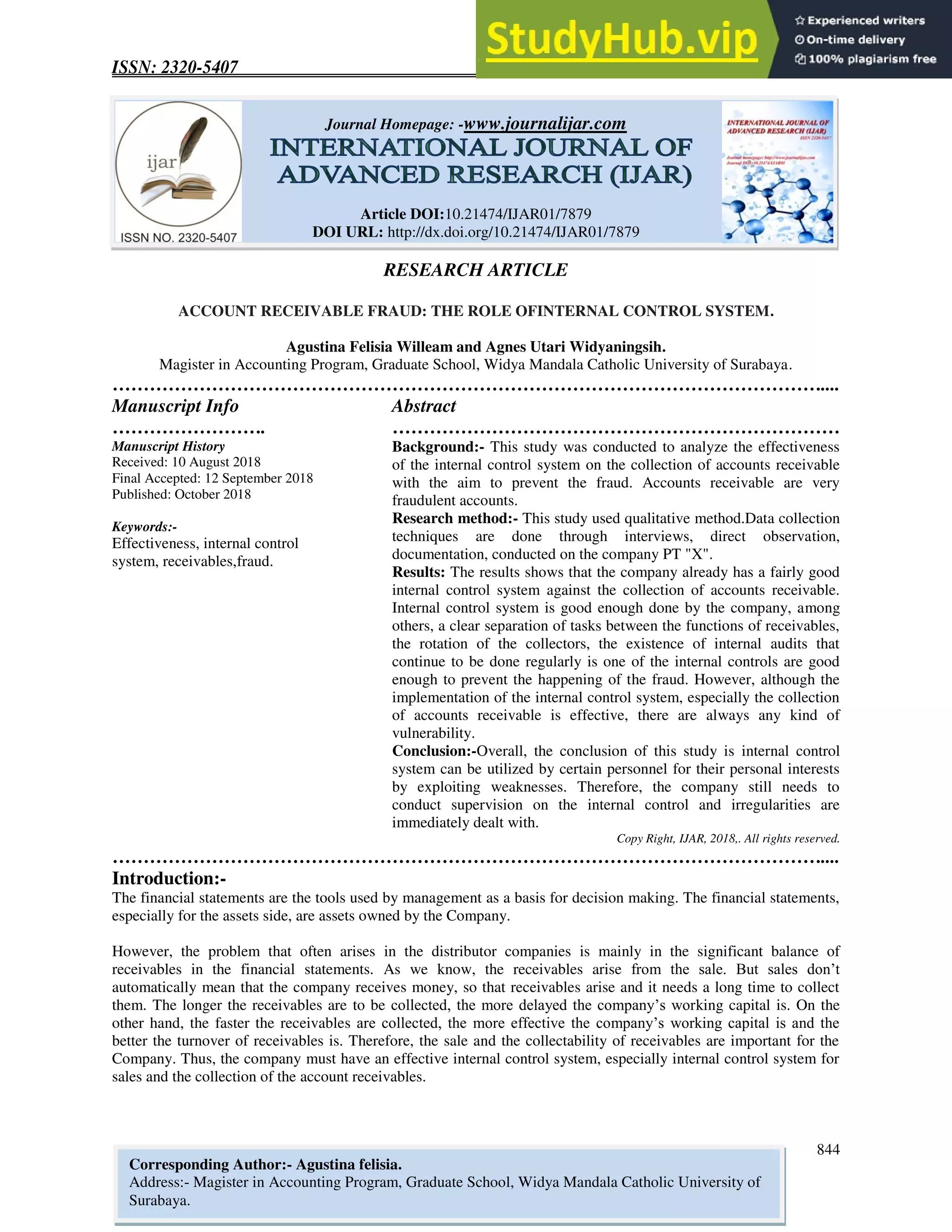 ACCOUNT RECEIVABLE FRAUD THE ROLE OFINTERNAL CONTROL SYSTEM. | PDF