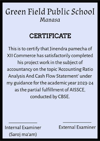 Accounts Class 12 project cash flow statement and ratio analysis | PDF