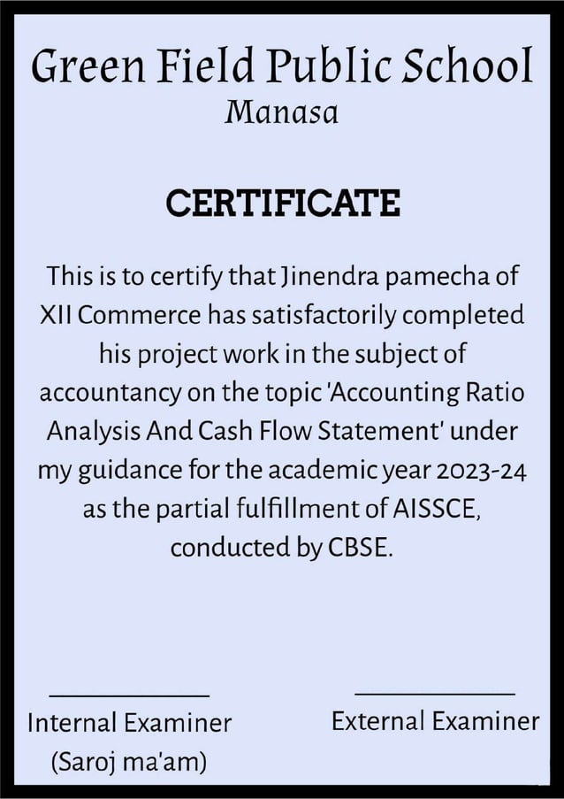 Accounts Class 12 project cash flow statement and ratio analysis | PDF