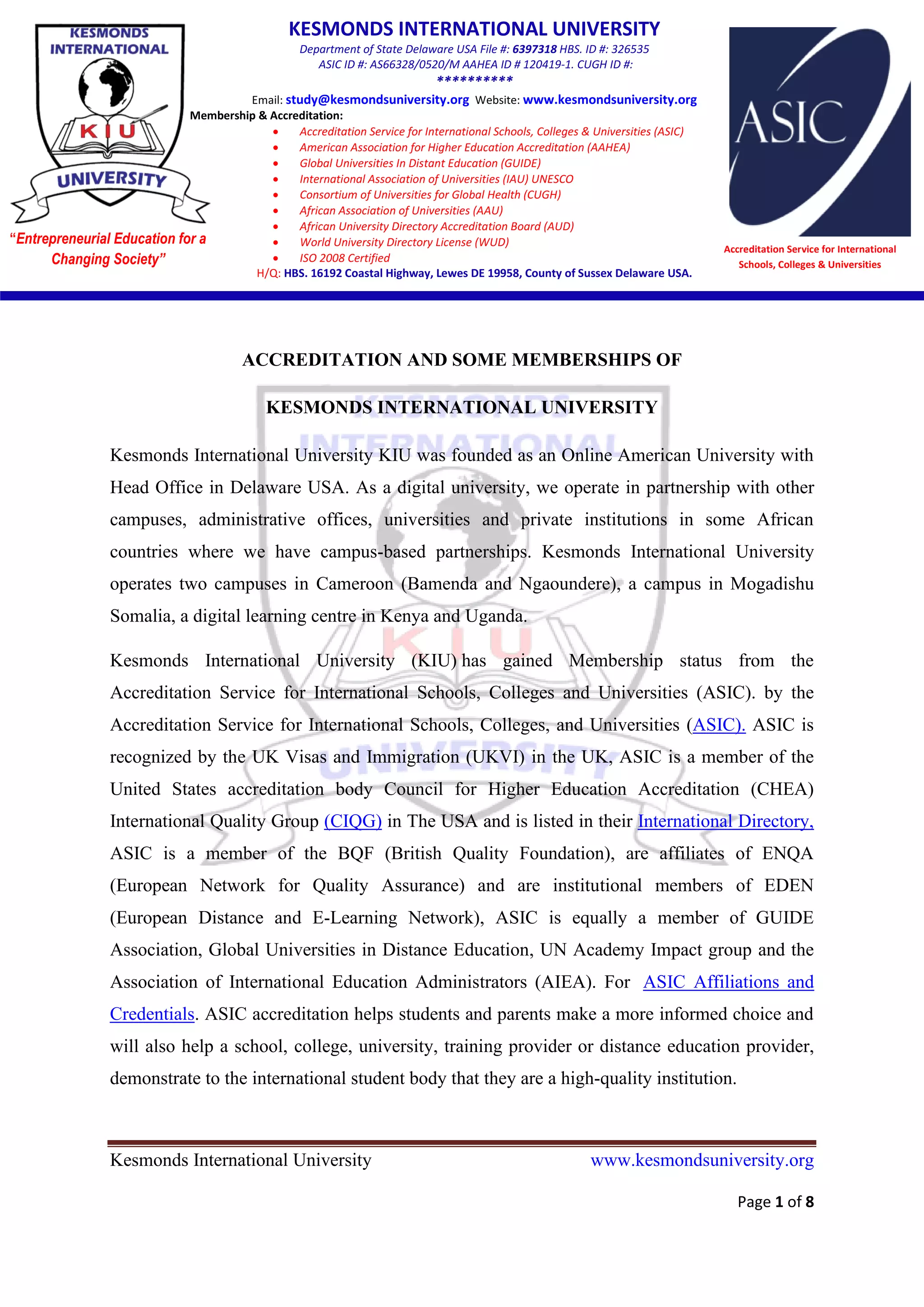 Accreditation profile kesmonds international university | PDF | Professional School ...