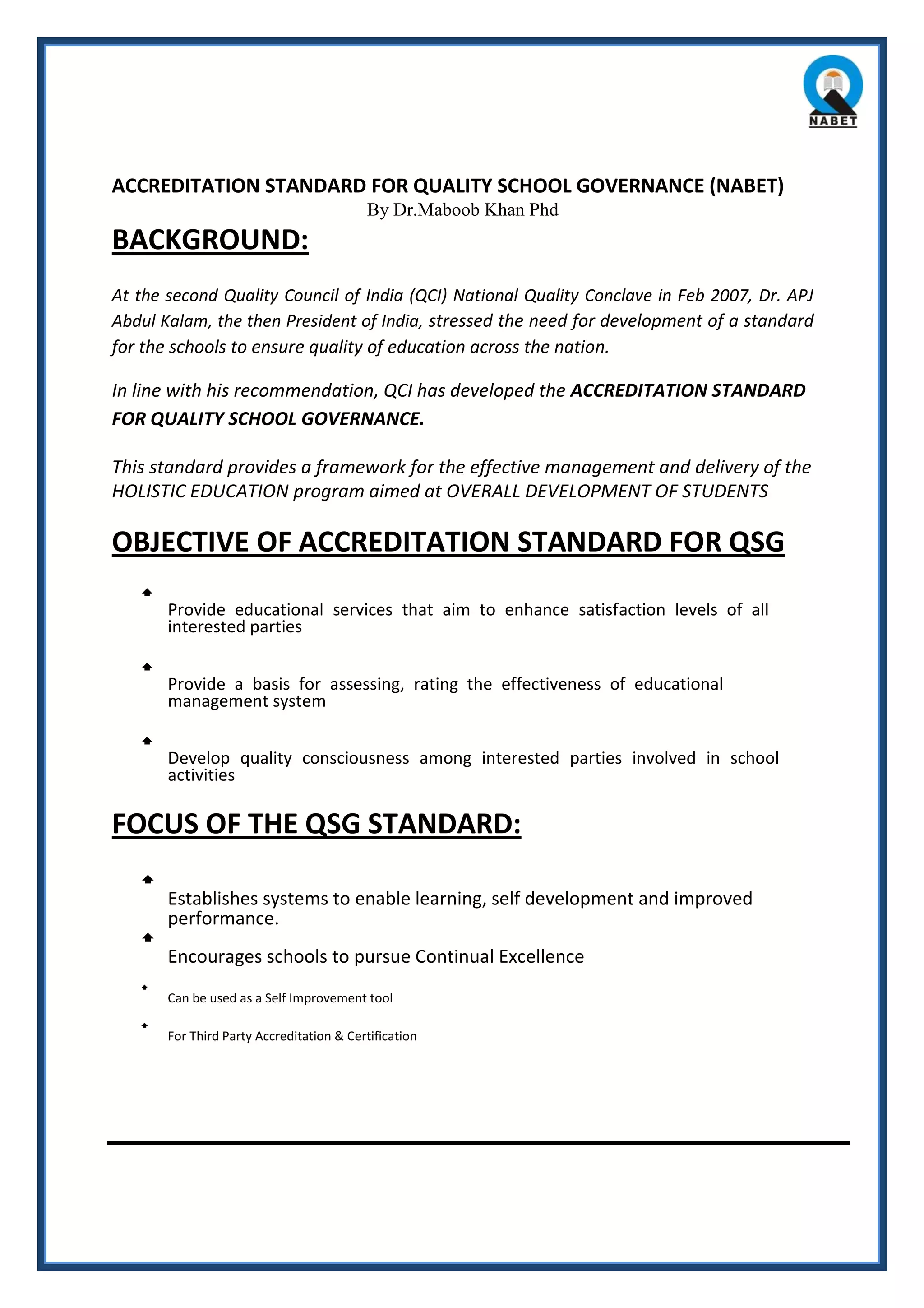 ACCREDITATION STANDARD FOR QUALITY SCHOOL GOVERNANCE (NABET) | PDF