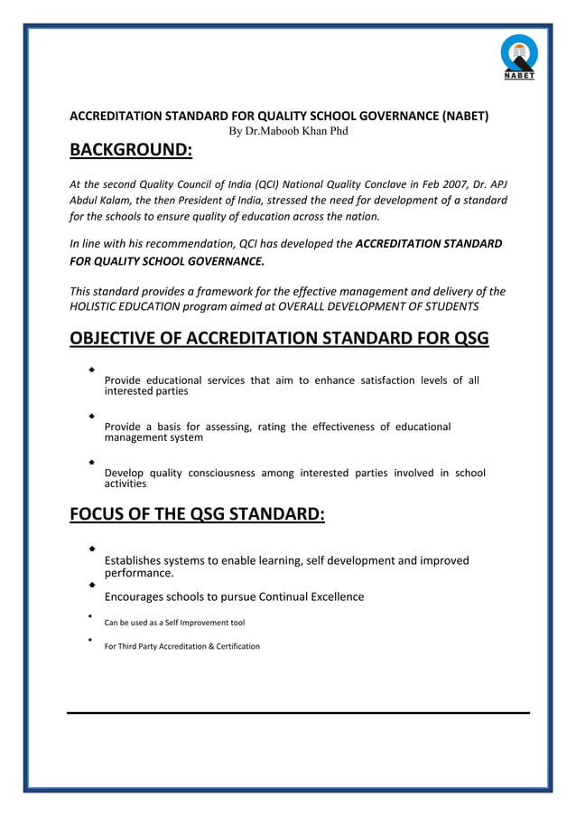 ACCREDITATION STANDARD FOR QUALITY SCHOOL GOVERNANCE (NABET) | PDF