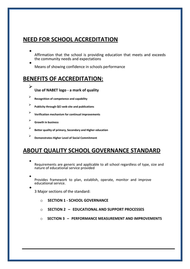 ACCREDITATION STANDARD FOR QUALITY SCHOOL GOVERNANCE (NABET) | PDF