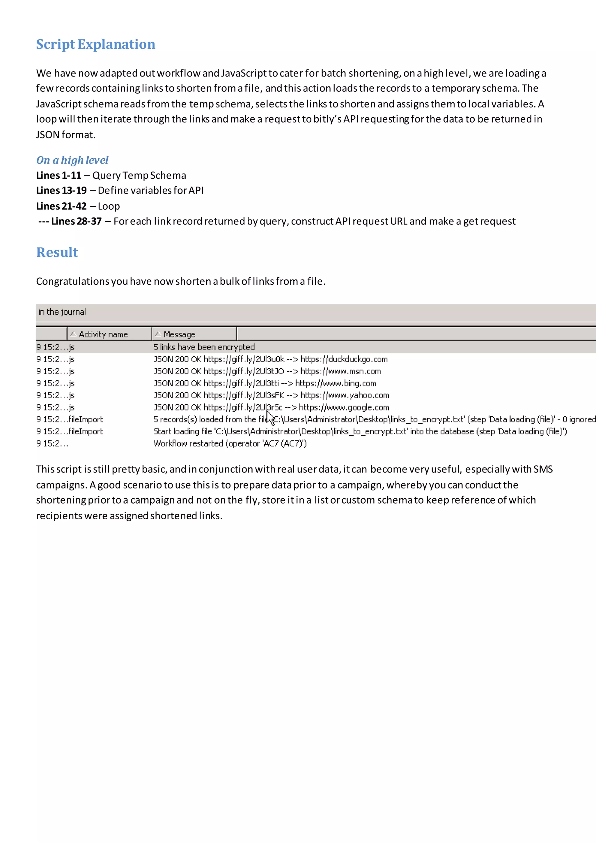 Adobe Campaign Classic Shortening Links with Bitly API | DOCX
