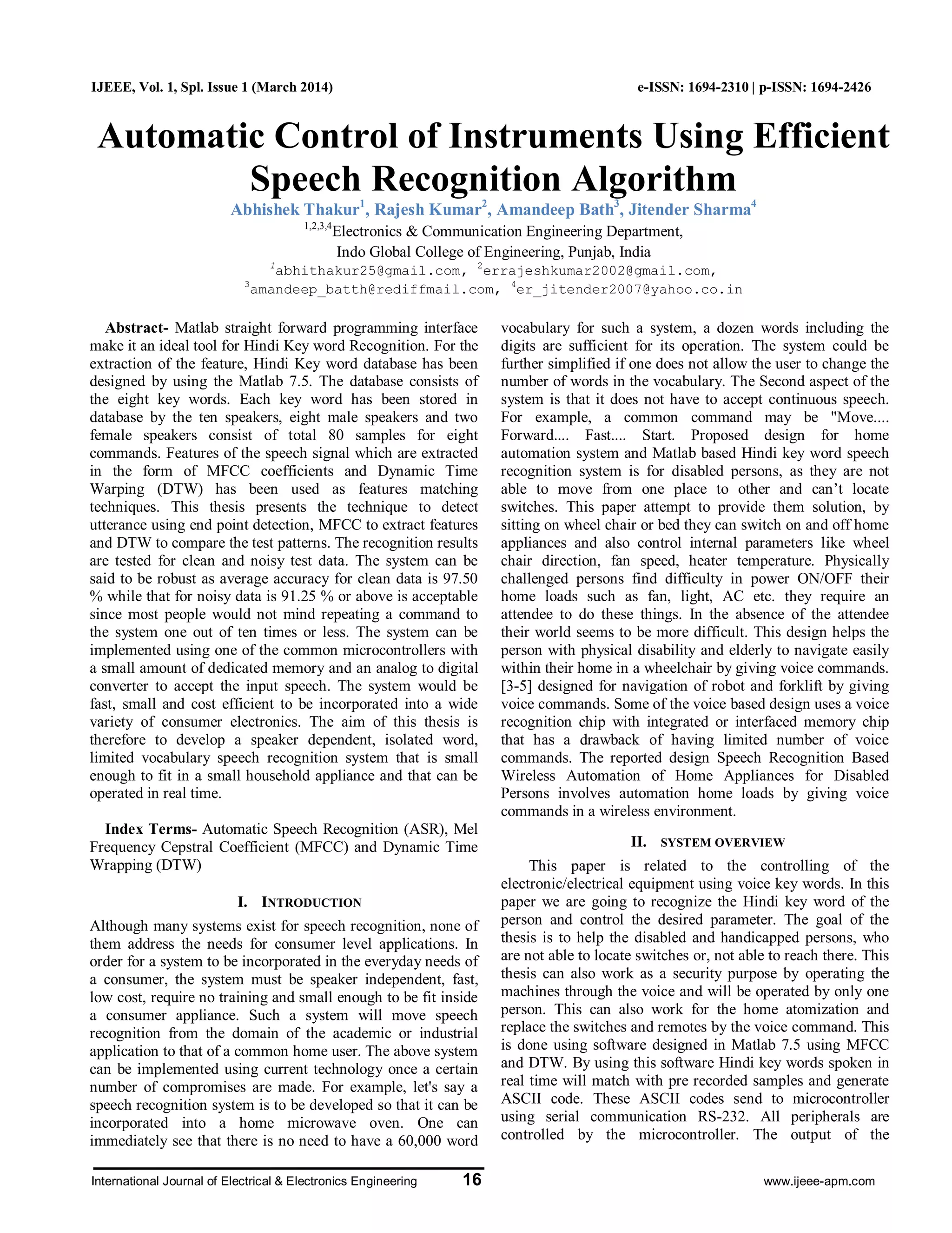 Automatic Control of Instruments Using Efficient Speech Recognition Algorithm | PDF | Home ...