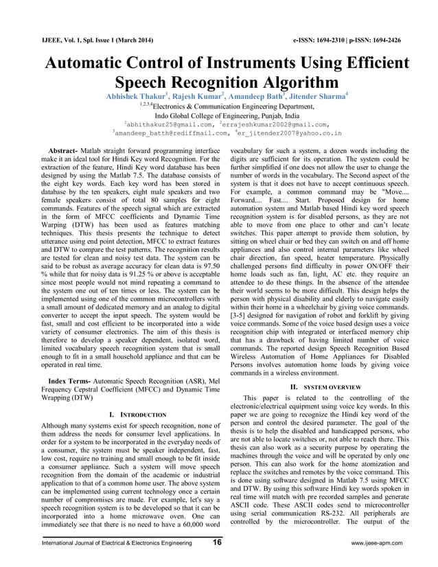 Automatic Control of Instruments Using Efficient Speech Recognition Algorithm | PDF | Home ...