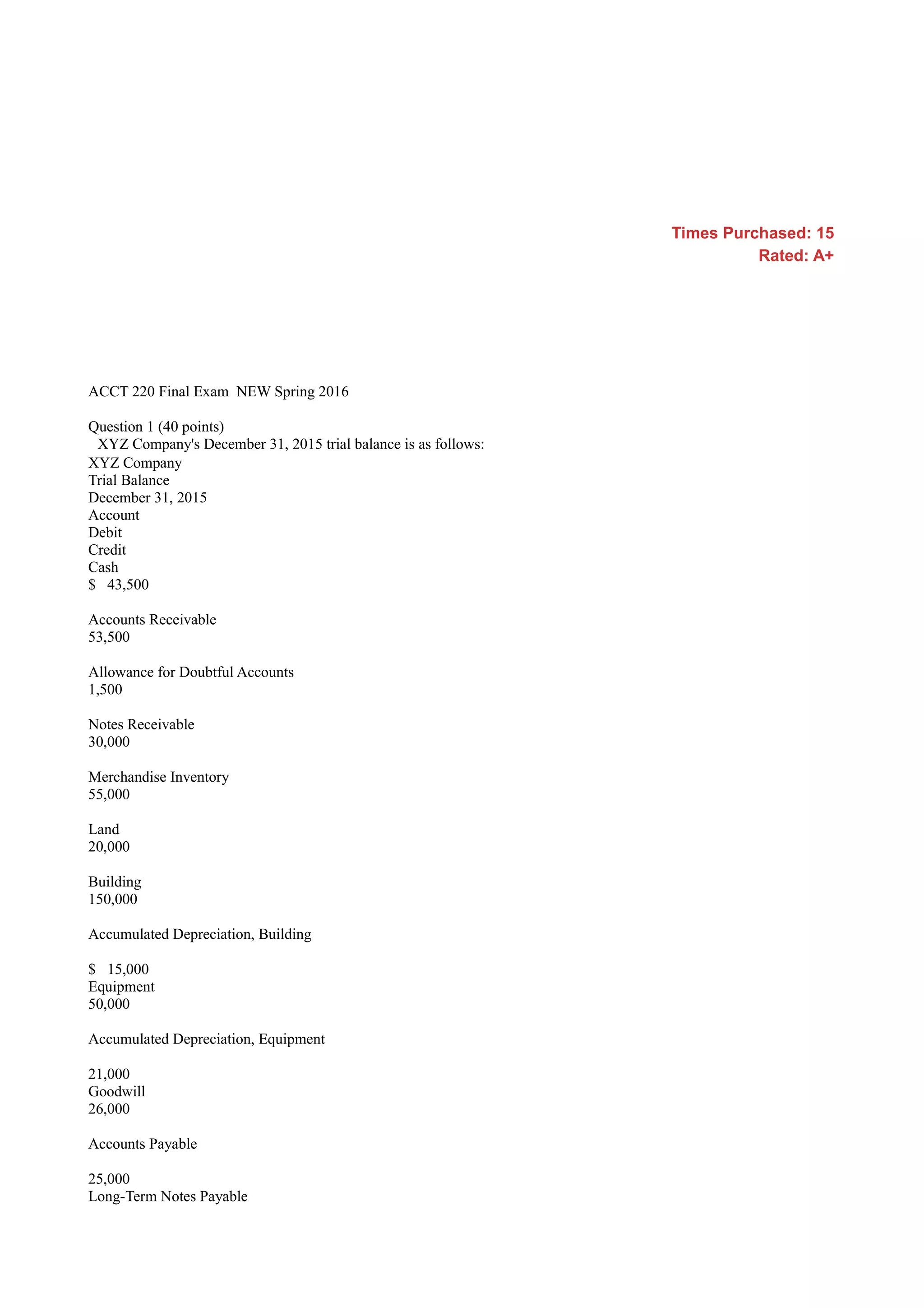 Acct 220 Final Exam New Spring 2016 Odt
