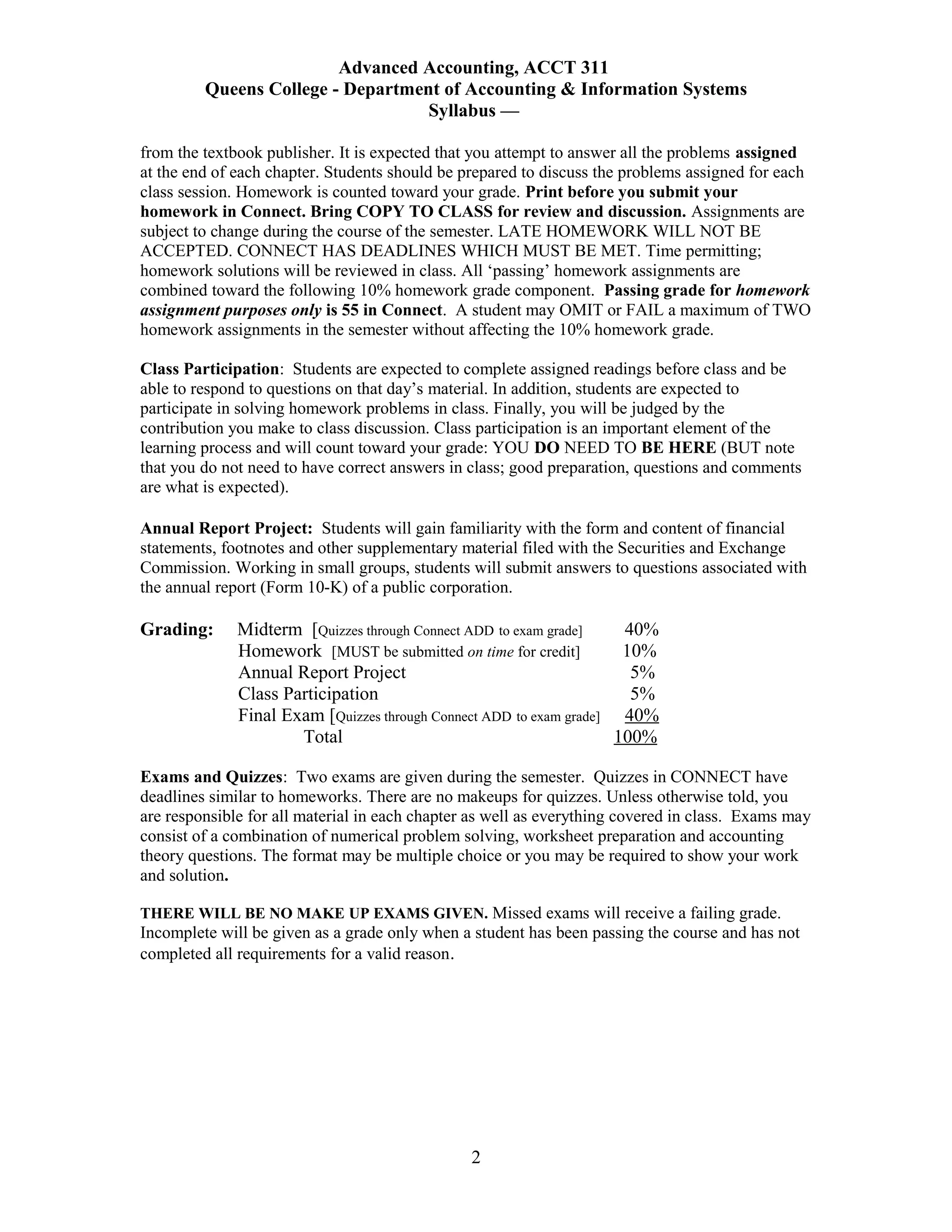 Acct 311 advanced accounting syllabus queens college | PDF