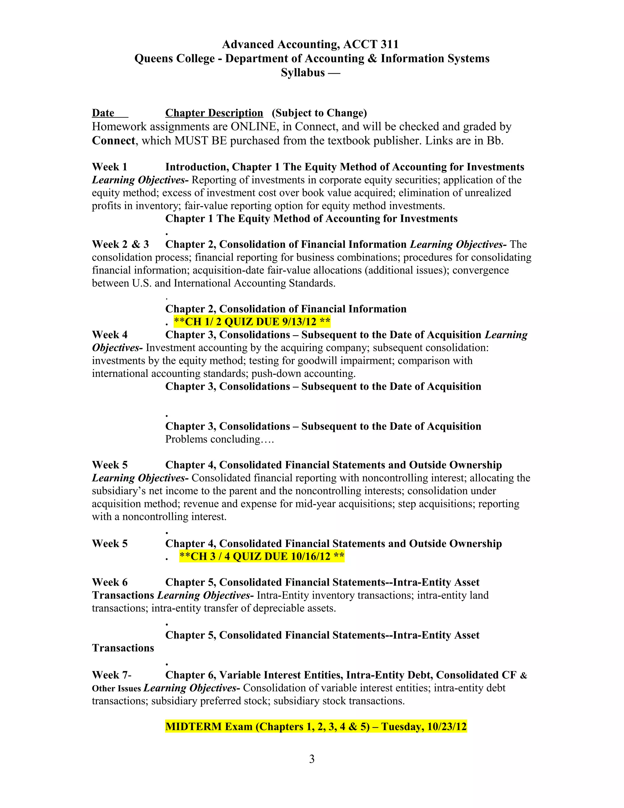 Acct 311 advanced accounting syllabus queens college | PDF