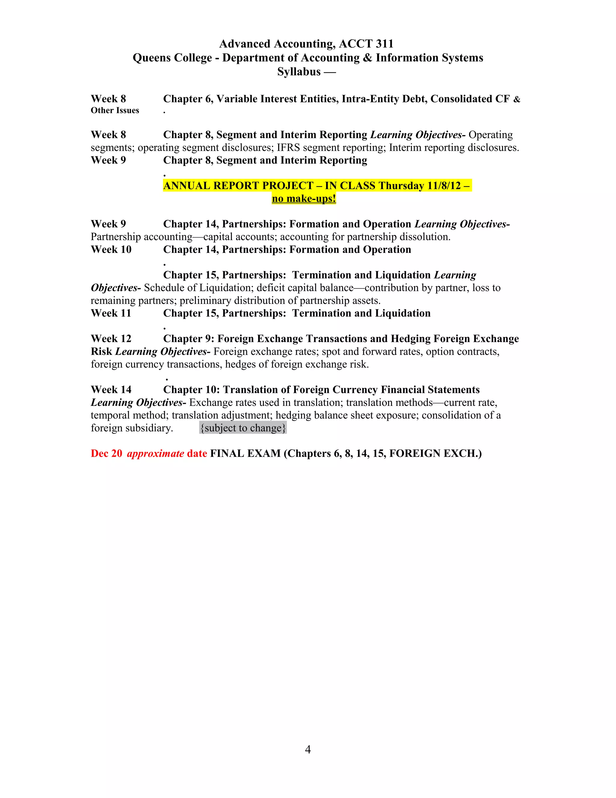 Acct 311 advanced accounting syllabus queens college | PDF