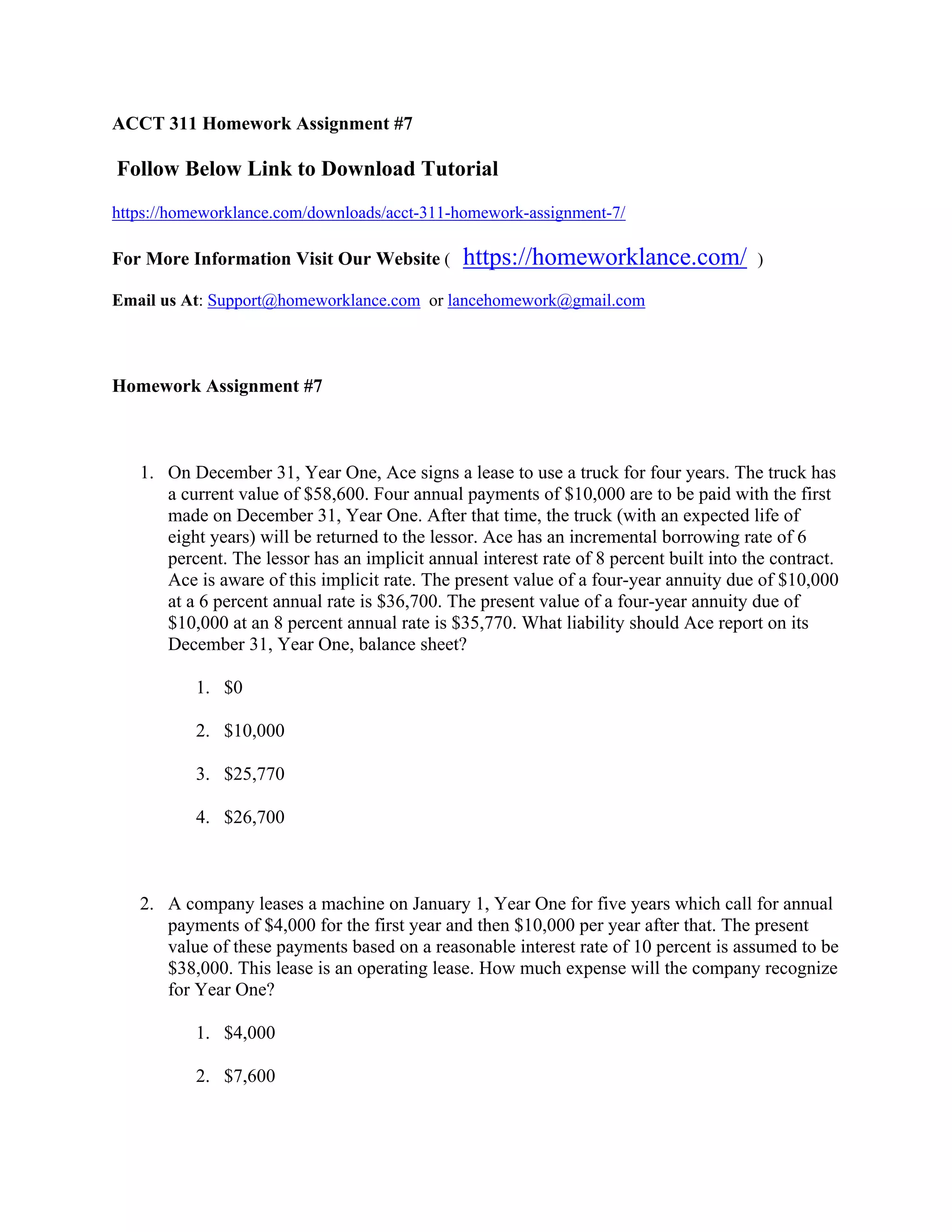 Acct 311 homework assignment #7 | PDF