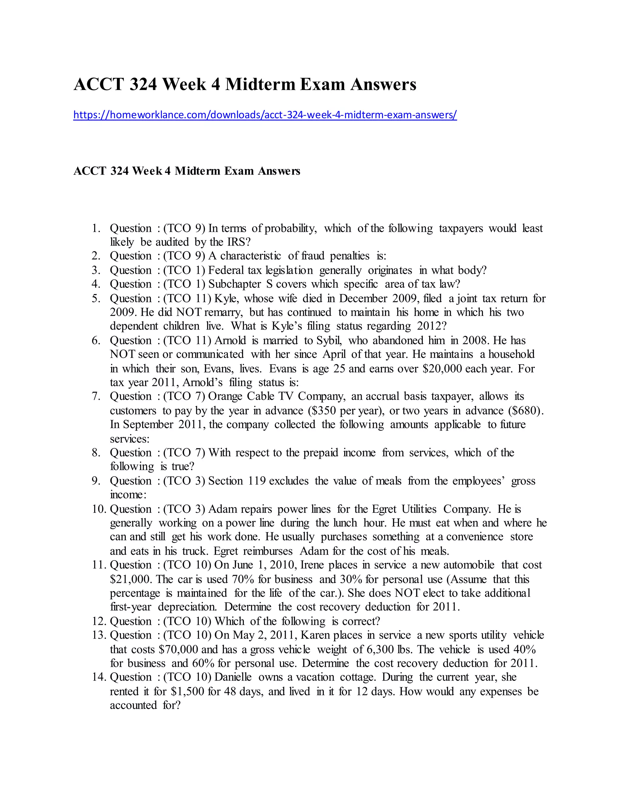 Acct 324 week 4 midterm exam answers | DOCX