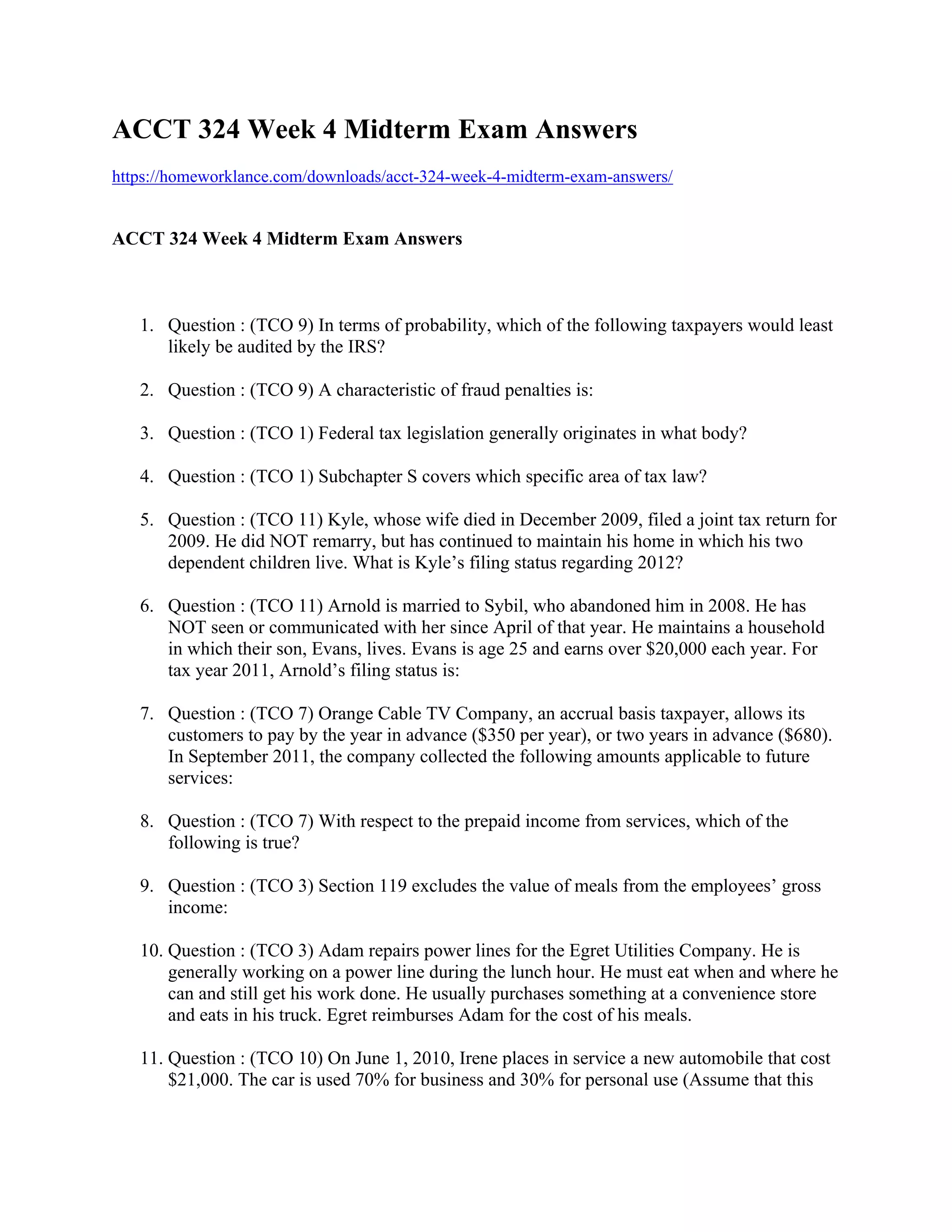 Acct 324 week 4 midterm exam answers | PDF