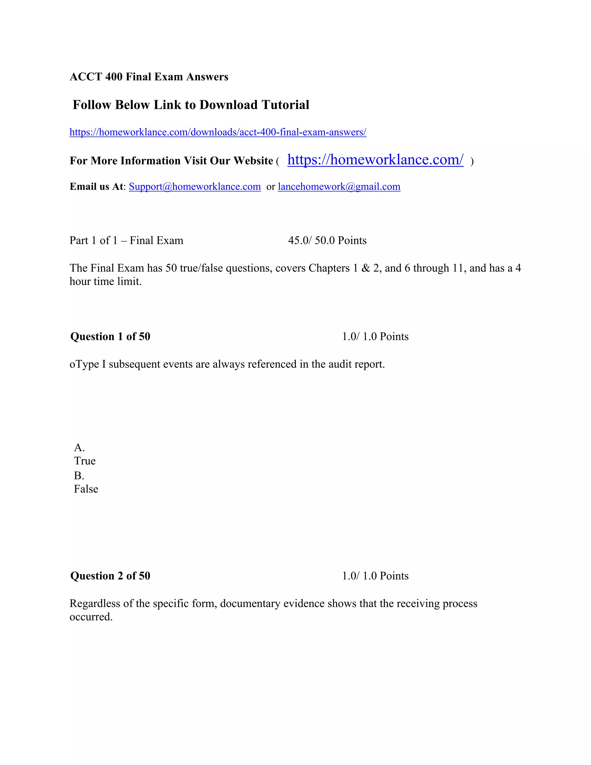 Acct 400 final exam answers | PDF