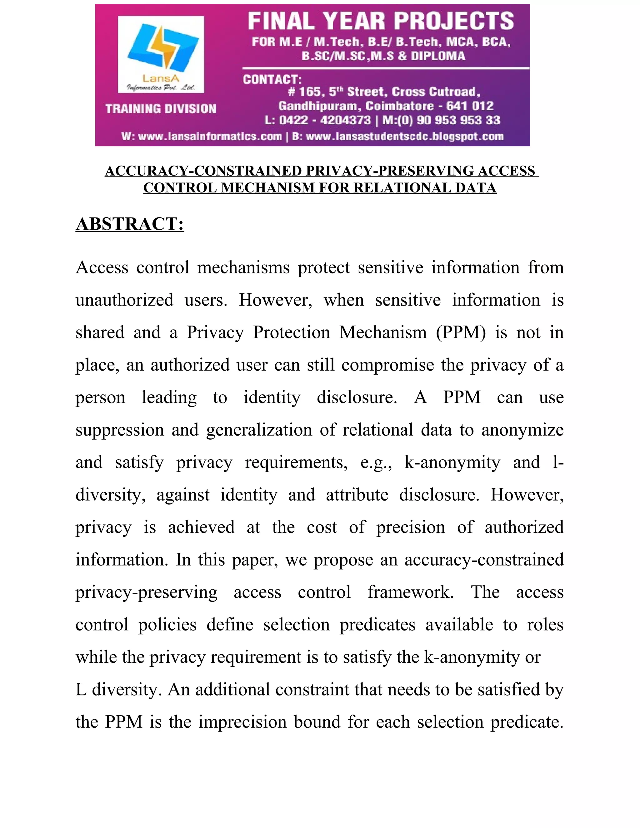 Accuracy constrained privacy-preserving access control mechanism for relational data | PDF