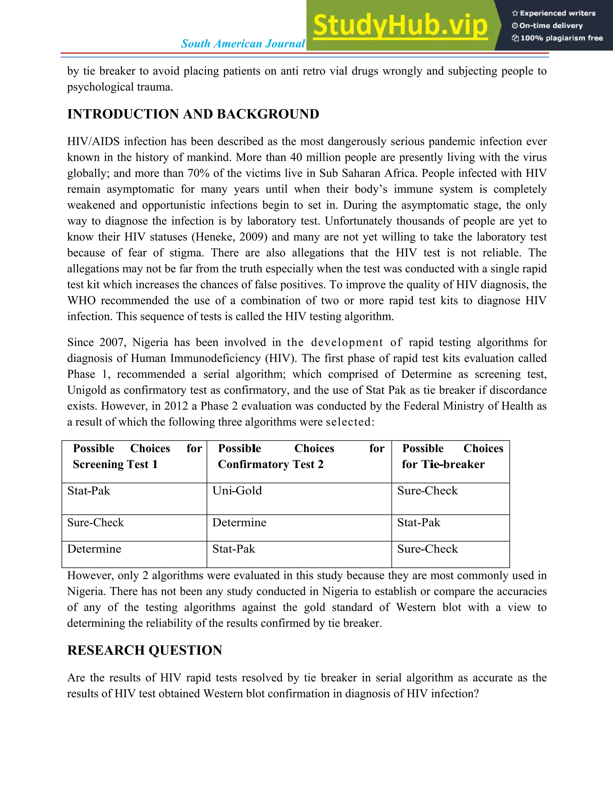ACCURACY EVALUATION OF HIV RAPID TESTS RESOLVED BY TIE-BREAKER A CASE ...