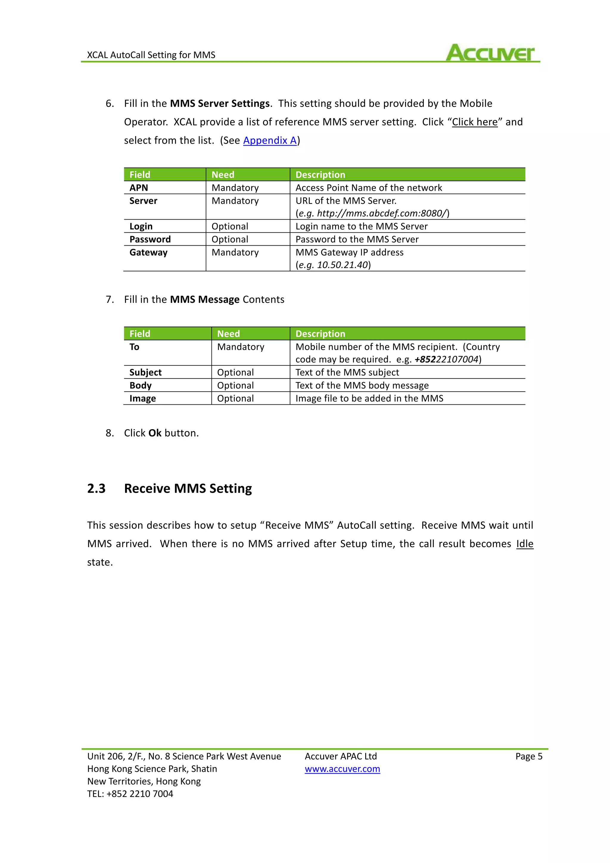 Accuver xcal auto_callsettingformms_v1.0 | PDF