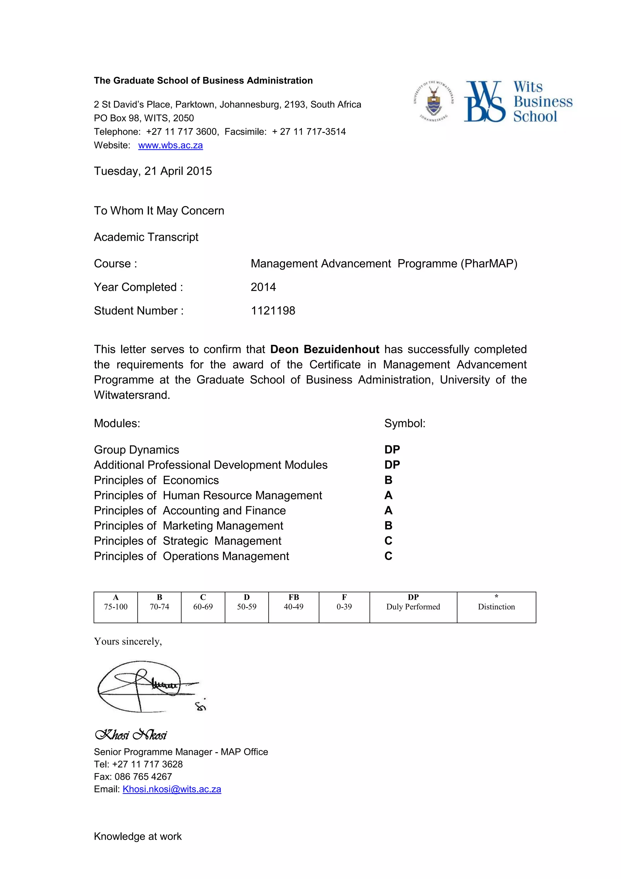 Result Letter for Deon Bezuidenhout | PDF