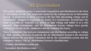 AC Distribution System - Generation Distribution and Transmission | PPTX