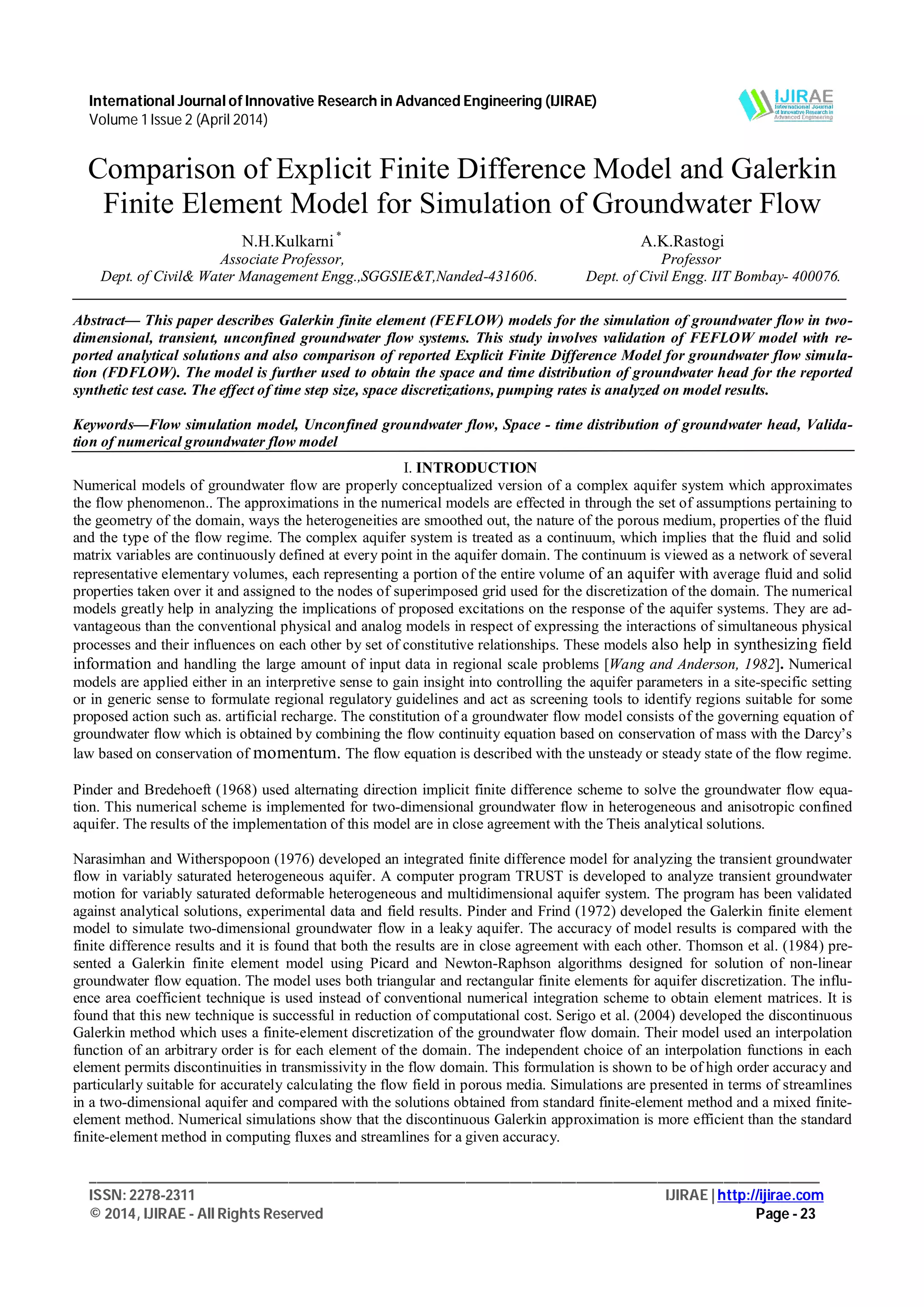 Comparison of Explicit Finite Difference Model and Galerkin Finite Element Model for Simulation ...