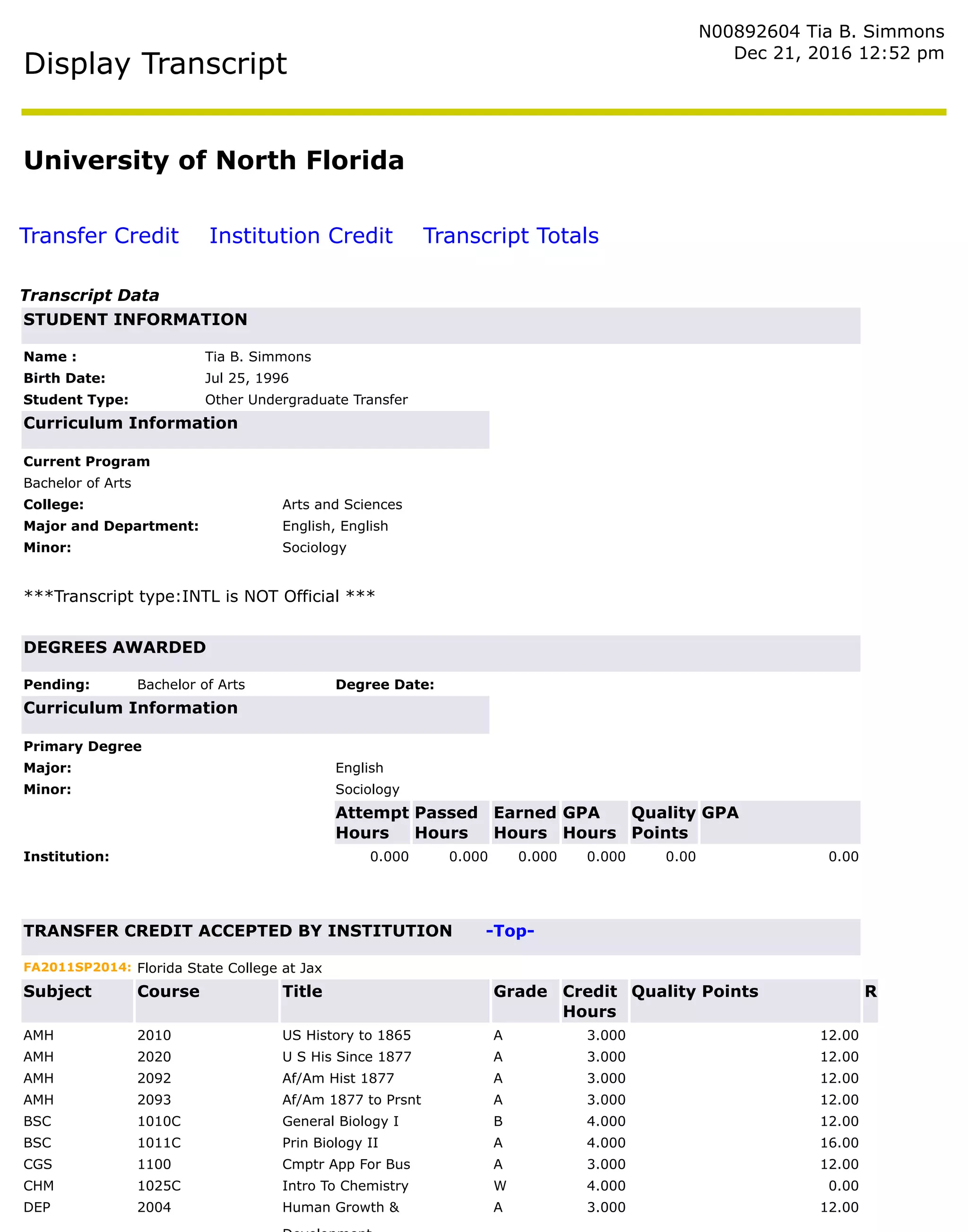 Academic TranscriptUNF | PDF