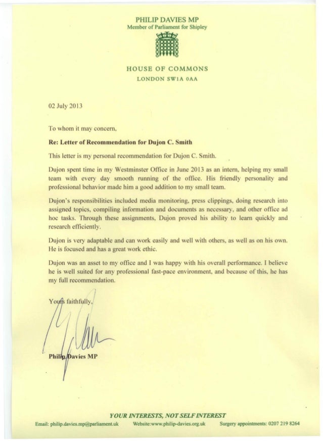 UK Parliament Letter of Reccomendation Philip Davies MP