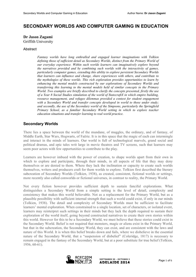 Acec2014 secondary worlds and computer gaming in education | PDF