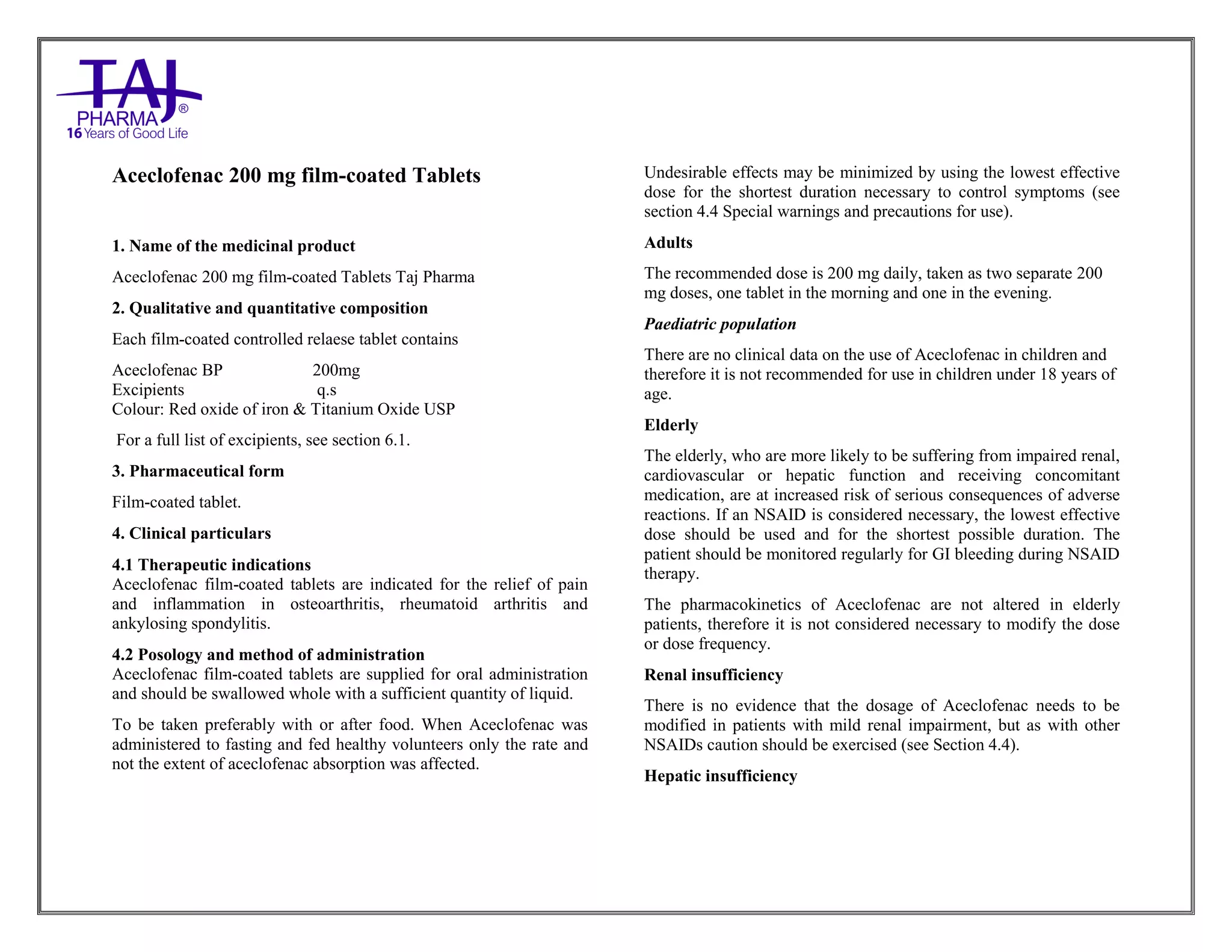 Aceclofenac 200mg CR Tablets Taj Pharma SmPC | PDF
