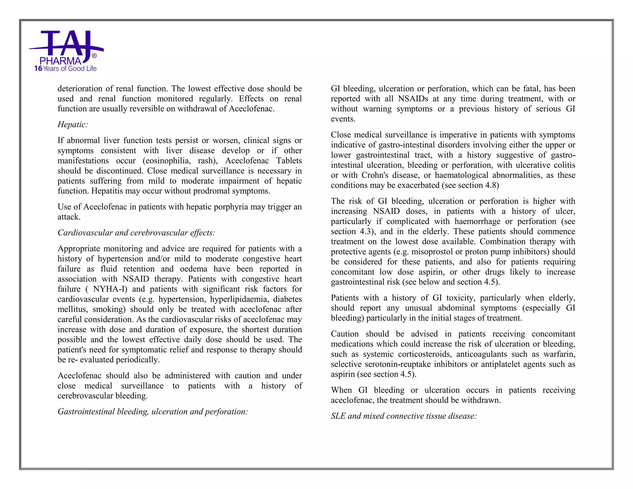 Aceclofenac 200mg CR Tablets Taj Pharma SmPC | PDF