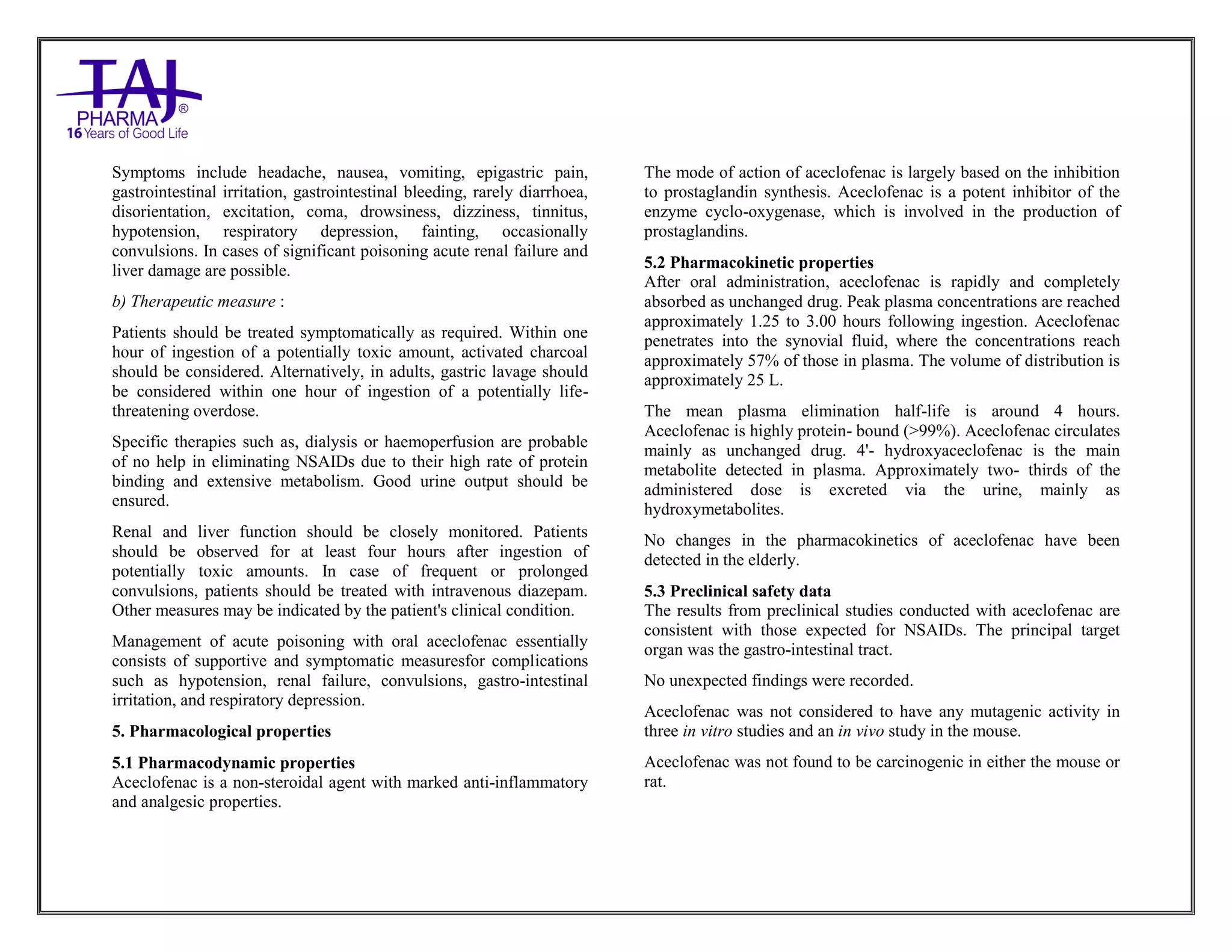 Aceclofenac 200mg CR Tablets Taj Pharma SmPC | PDF