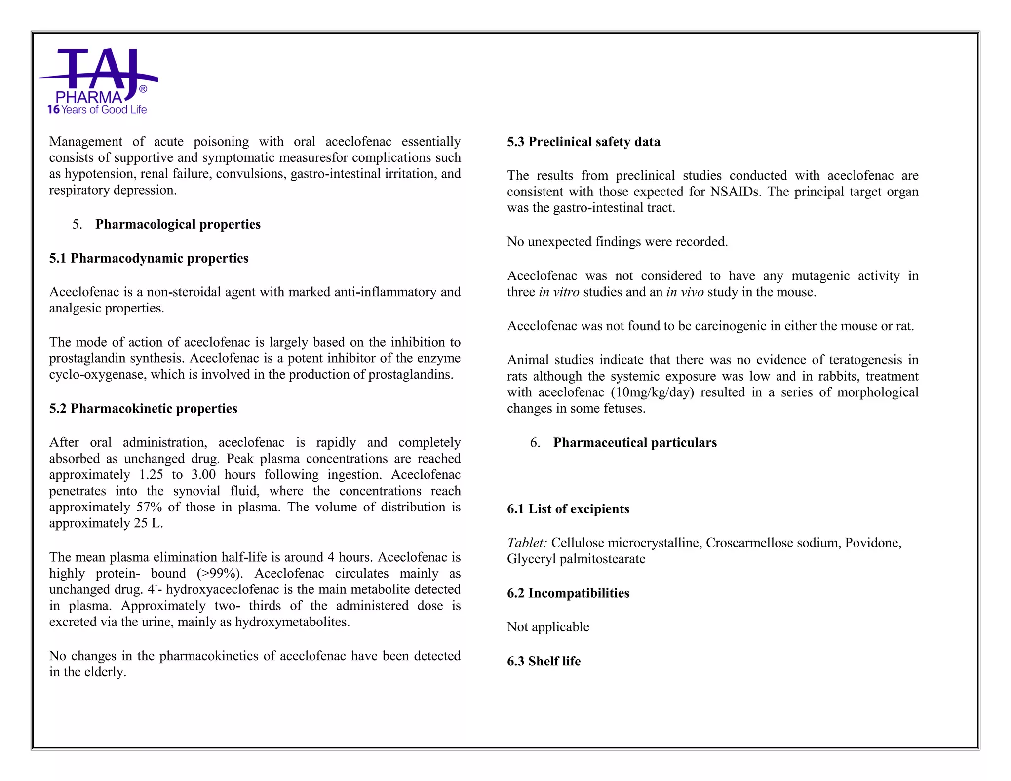 Aceclofenac Tablets 100mg Taj Pharma PIL | PDF