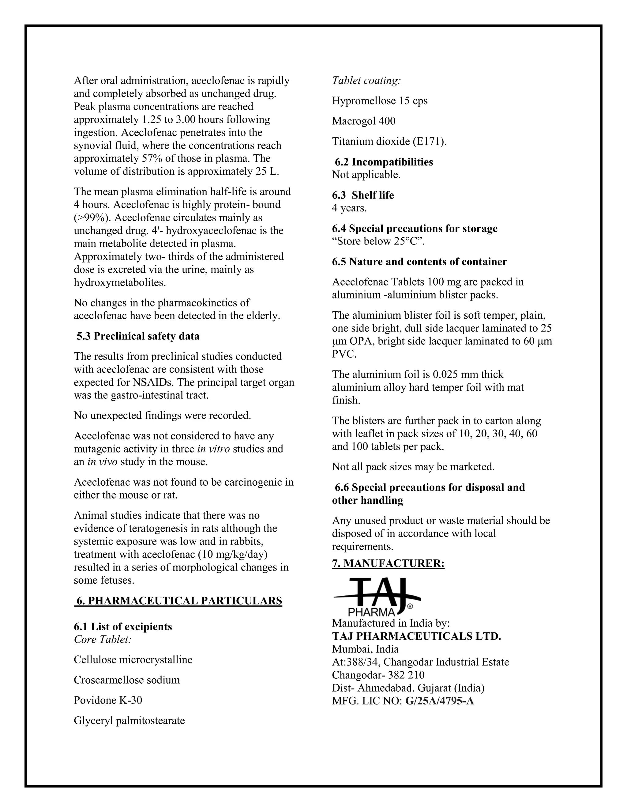 Aceclofenac 100 mg film coated tablets smpc- taj pharmaceuticals | PDF