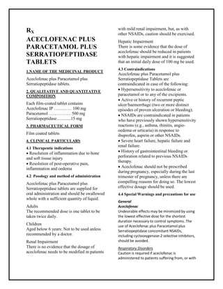 Aceclofenac plus paracetamol plus serratiopeptidase tablets smpc taj ...