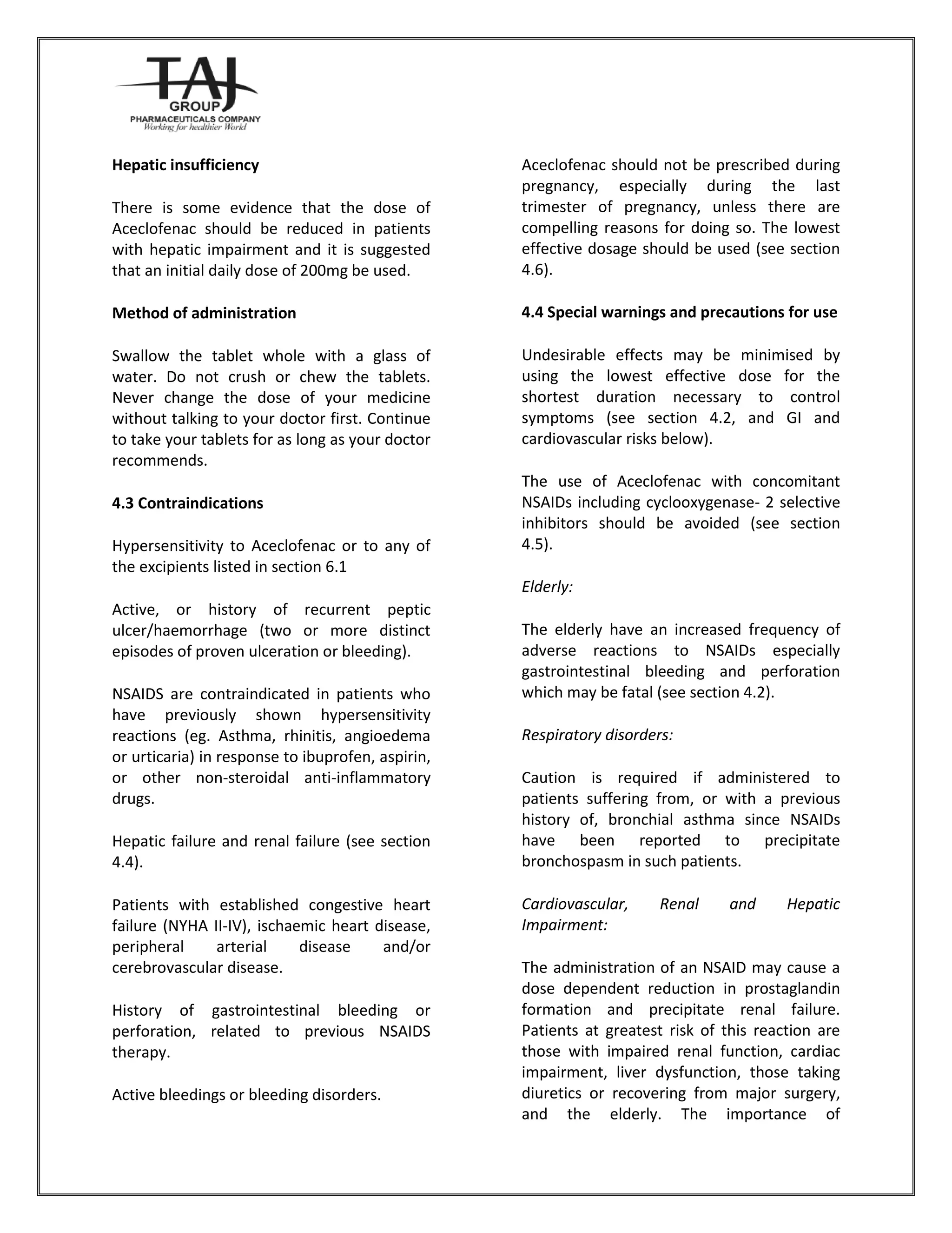 Aceclofenac 100mg Tablets Taj Pharma SmPC PIL | PDF