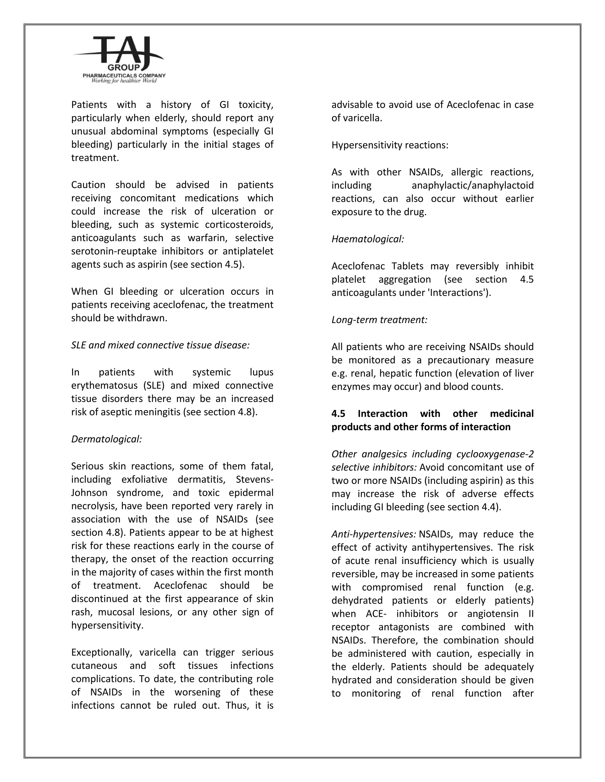 Aceclofenac 100mg Tablets Taj Pharma SmPC PIL | PDF