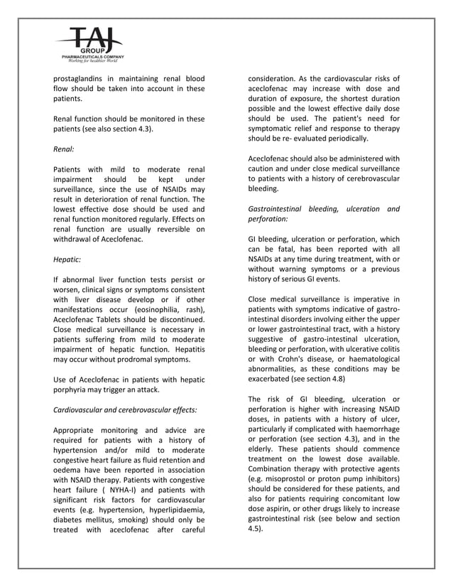 Aceclofenac 100mg Tablets Taj Pharma SmPC PIL | PDF